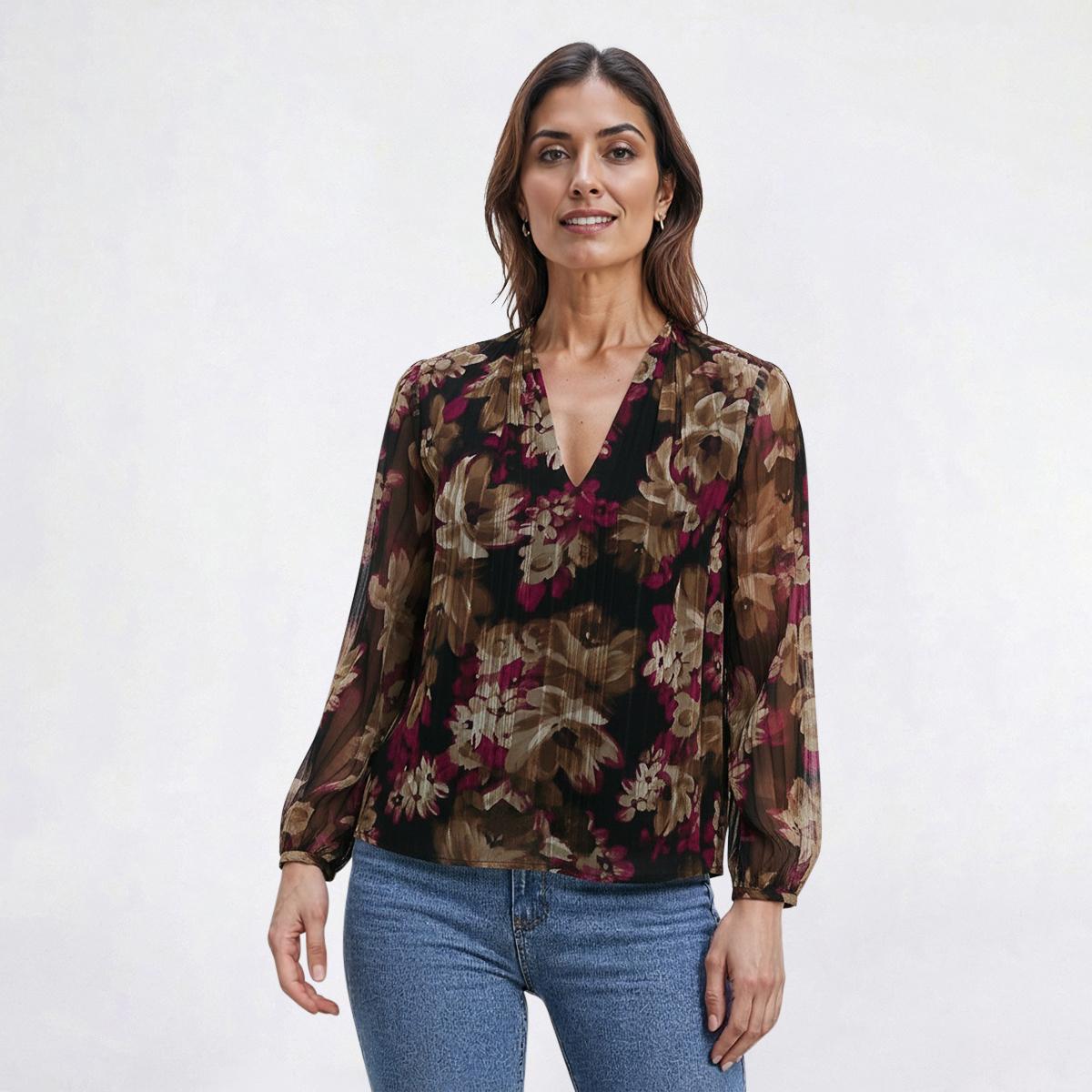 Click here for Womens Kasper Long Chiffon Sleeve V-Neck Floral Pl... prices